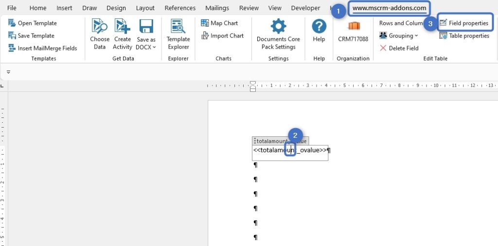 Formatting fields in DocumentsCorePack templates (field properties)