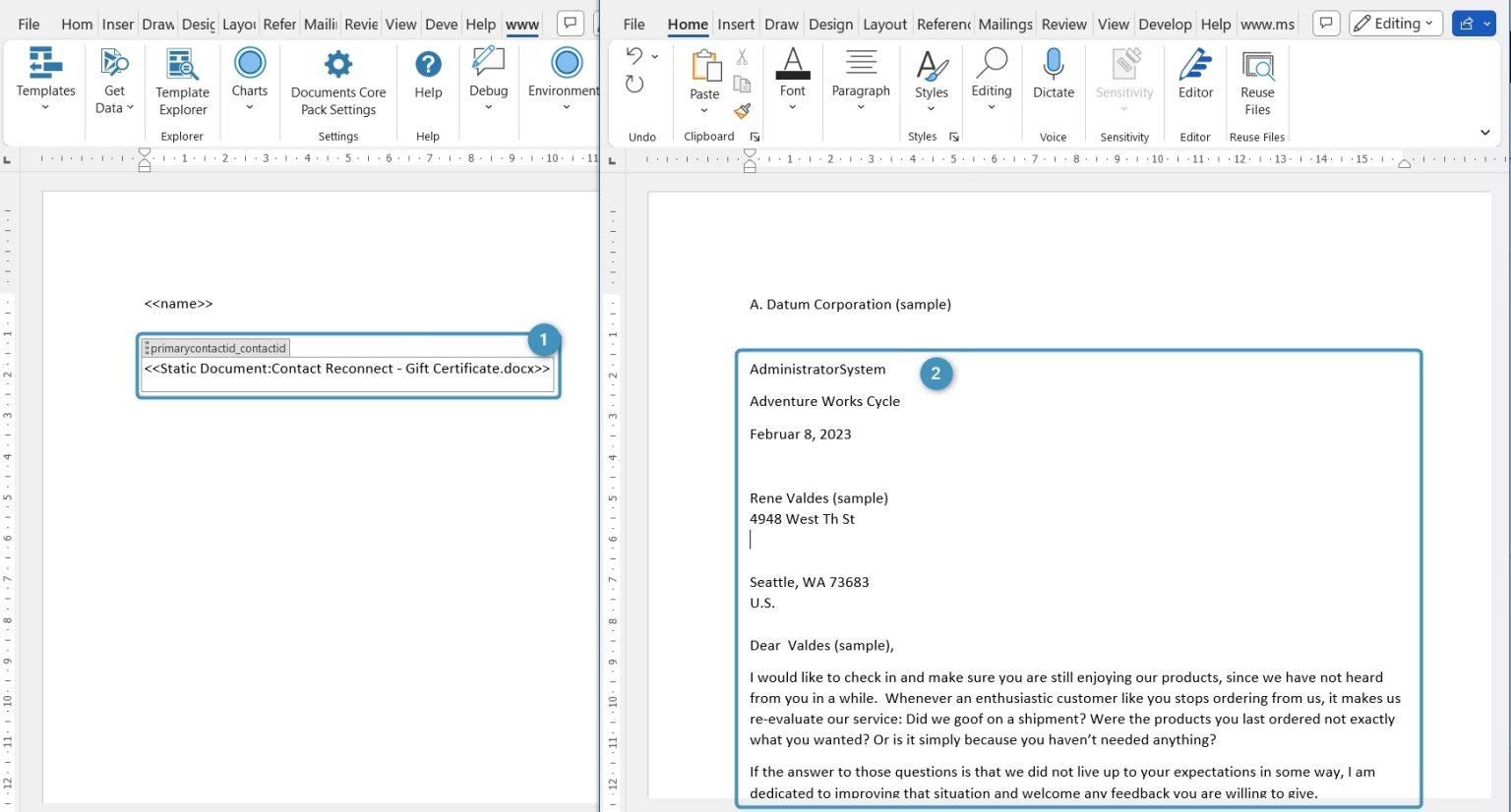 The "Insert Static Document" option in DocumentsCorePack Templates