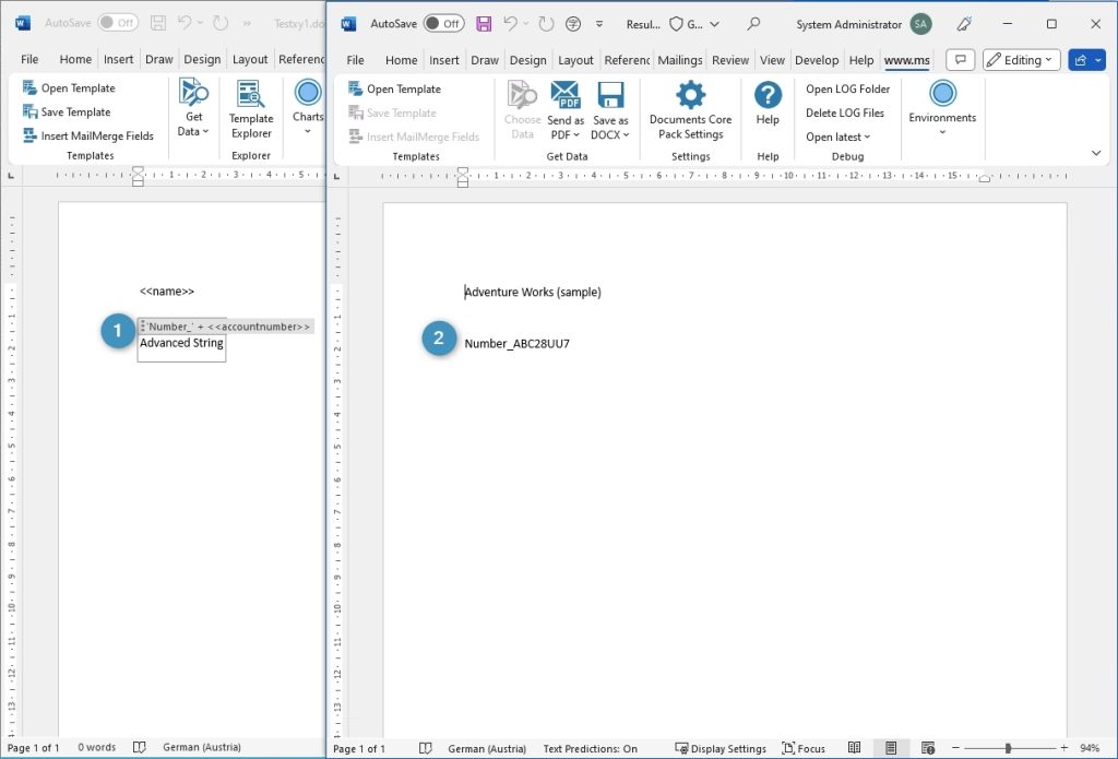 The Advanced String property of the DocumentsCorePack TemplateDesigner