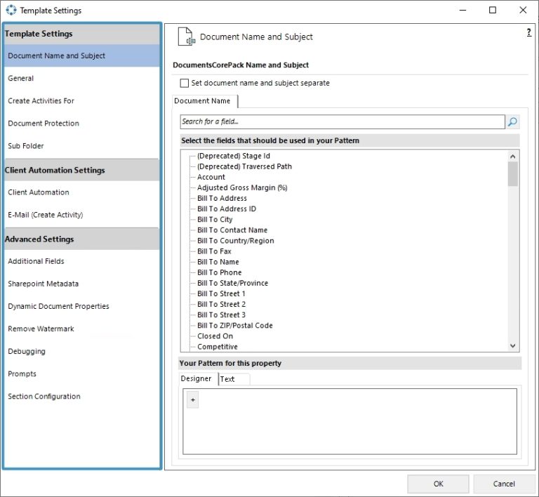 How to open the DocumentsCorePack Advanced Template Settings (Dynamics 365)