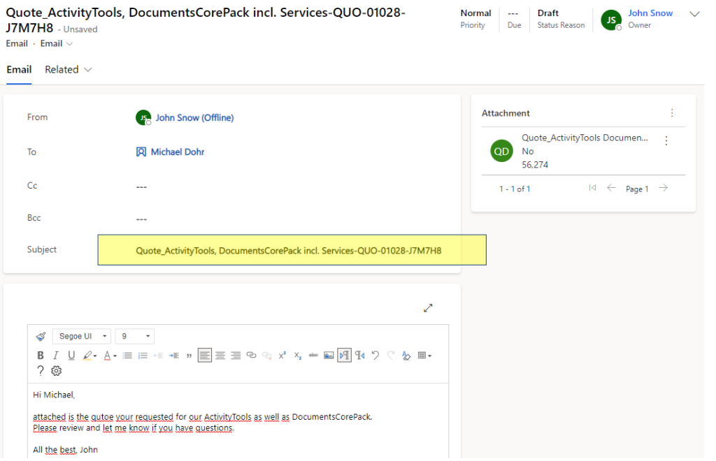 Define a dynamic subject for activities in Dynamics 365