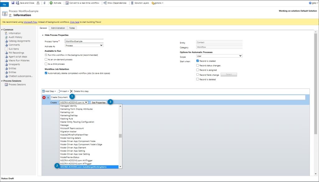 How to create a document in a Dynamics 365 workflow