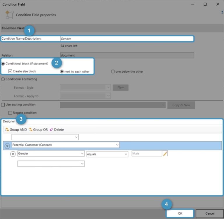 How to insert Condition Fields in DocumentsCorePack Templates designer