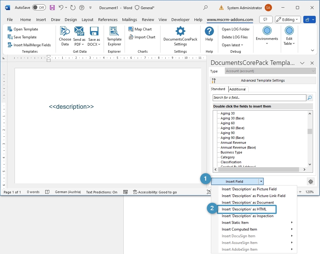 HTML Settings for DocumentsCorePack Fields