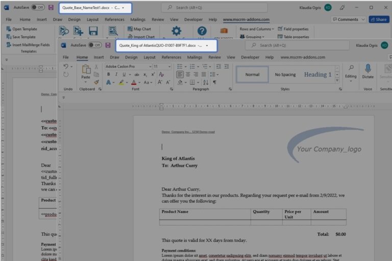How to define dynamic document names in DocumentsCorePack templates