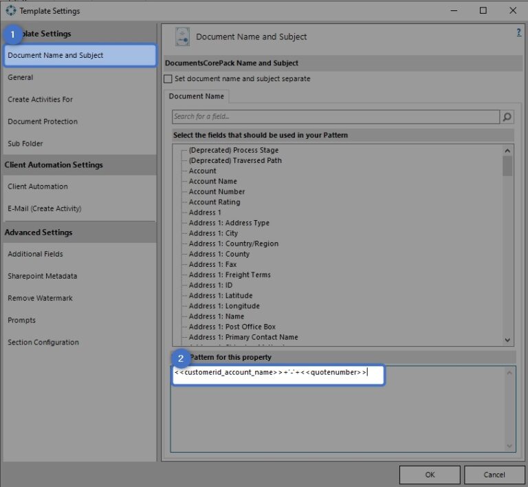 How to define dynamic document names in DocumentsCorePack templates