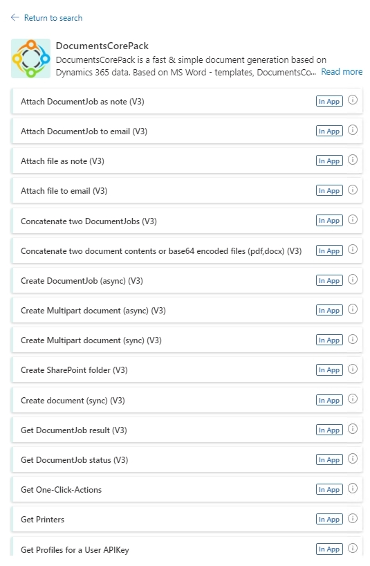 The actions of the DocumentsCorePack connector for Power Automate explained