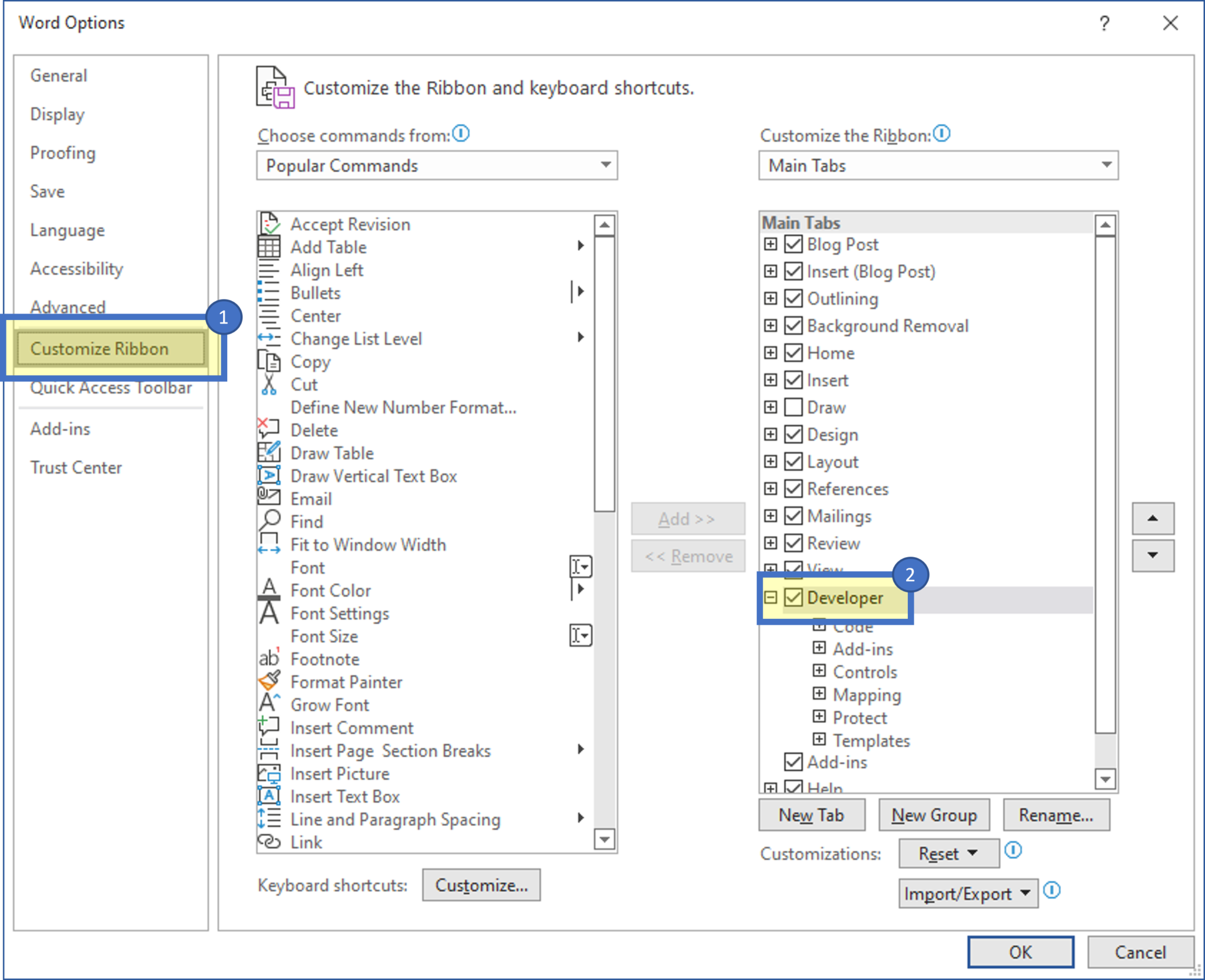 The developer tab in Microsoft Word