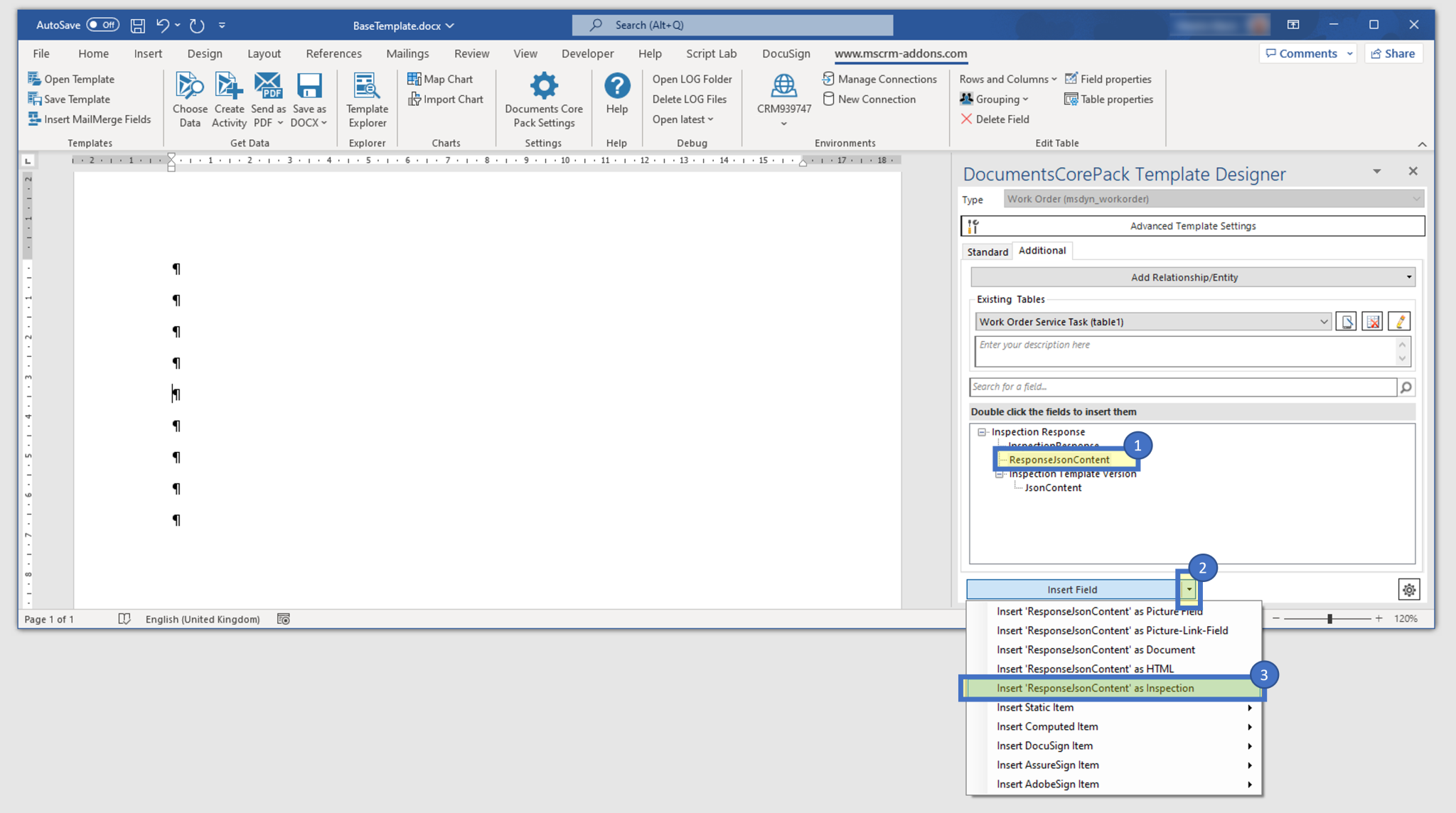 Create an inspection report for a Work Order