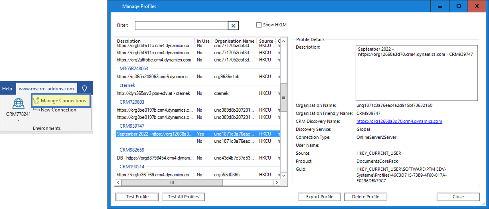 Switch environments in the DocumentsCorePack Template Designer - mscrm-addons.com KnowledgeBase