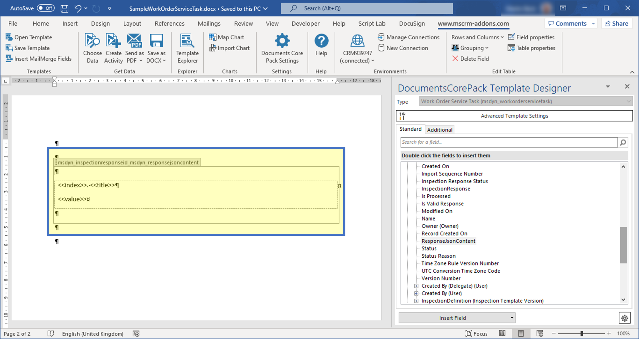 Create an inspection report for a Work Order Service Task