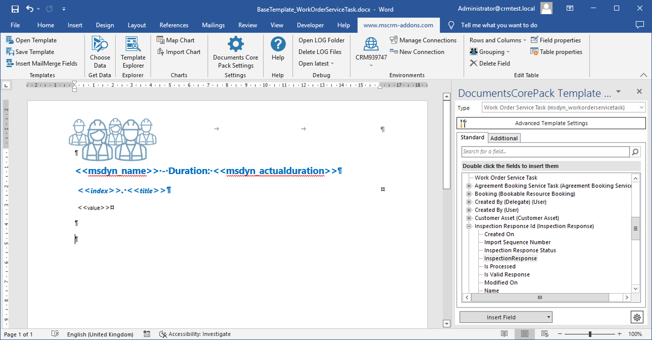 Create an inspection report for a Work Order Service Task