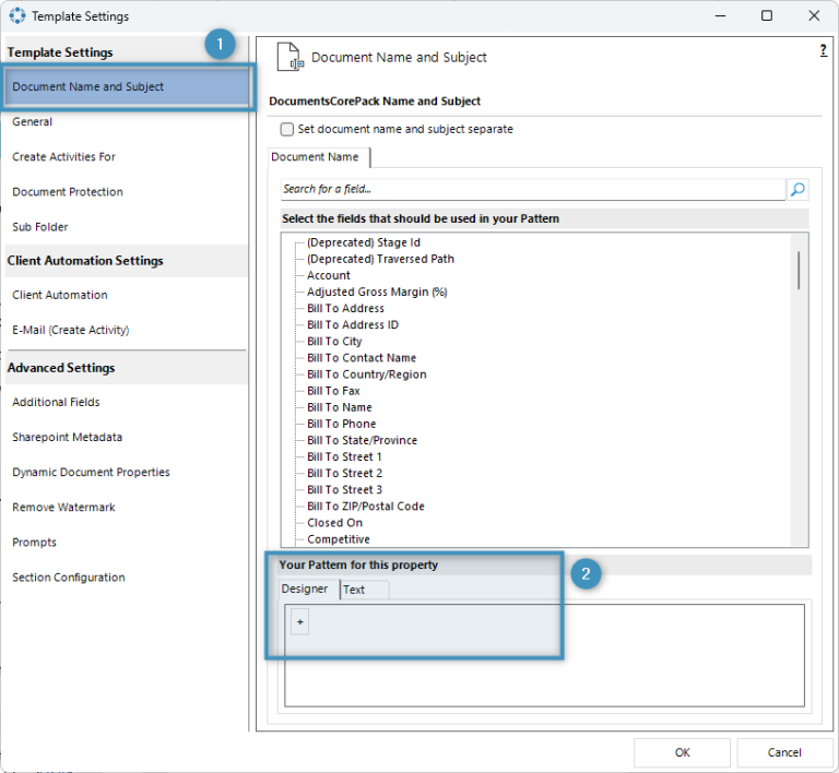 How to define dynamic document names in DocumentsCorePack templates